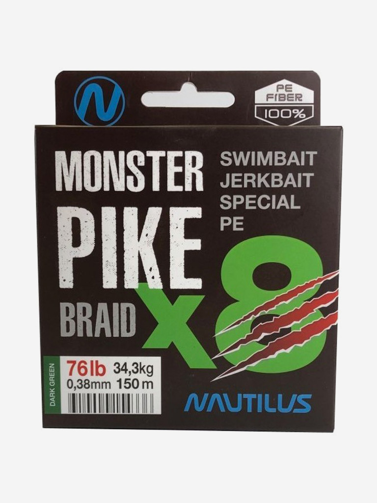Шнур Nautilus Monster Pike Braid X8 Dark Green d-0.38 34.3кг 76lb 150м ...