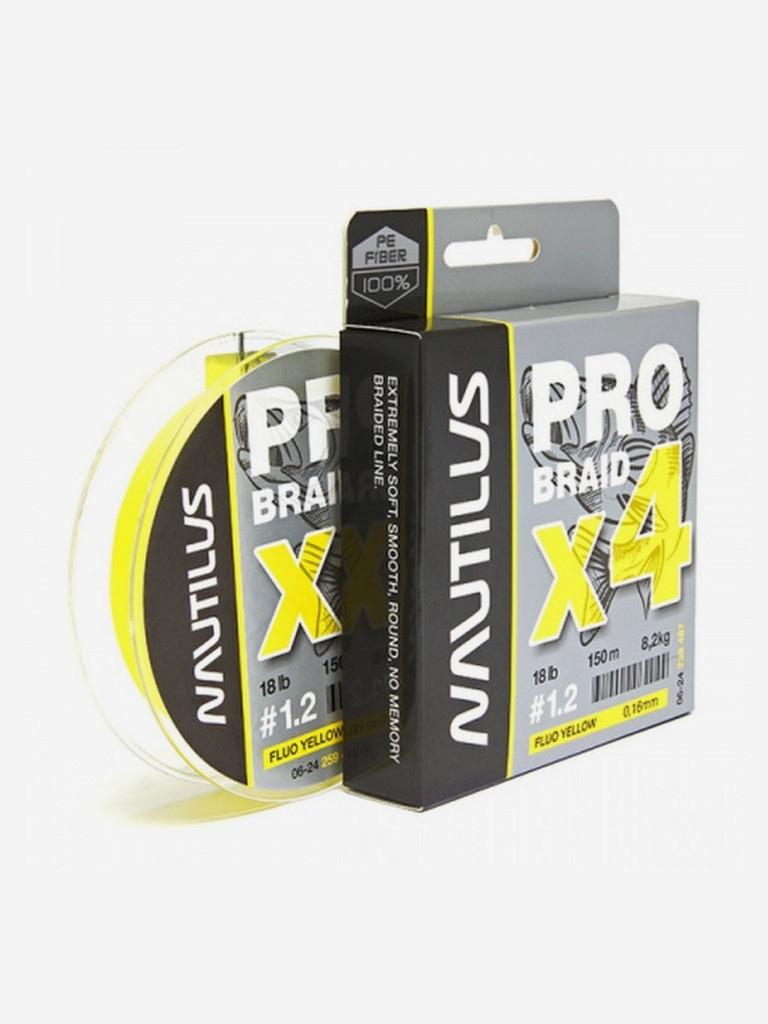 Шнур Nautilus Pro Braid X4 Fluo Yellow d-0.16 8.2кг 18lb 150м желтый ...