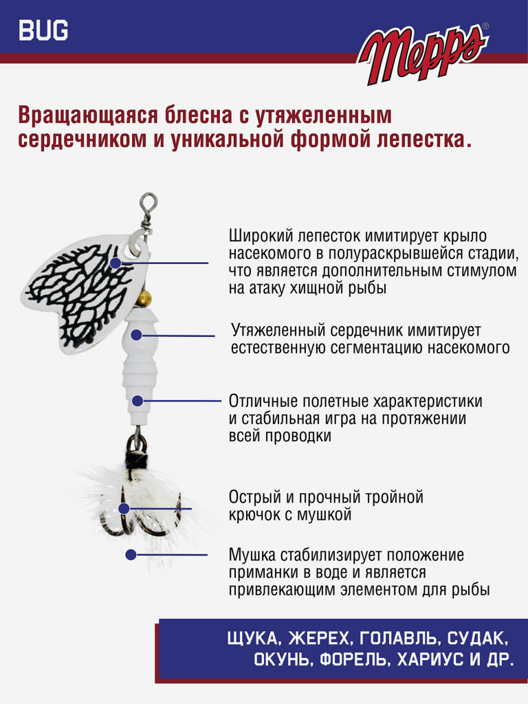 Блесна вращающаяся для рыбалки Mepps BUG MANNE №0 на щуку, окуня белый ...