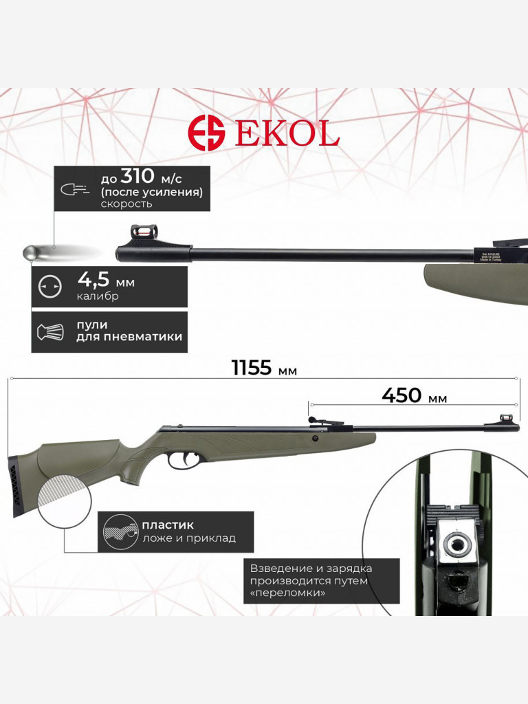 Винтовка пневм. EKOL MAJOR ES 450 Хаки, кал. 4,5 мм, 3 Дж Зеленый цвет ...