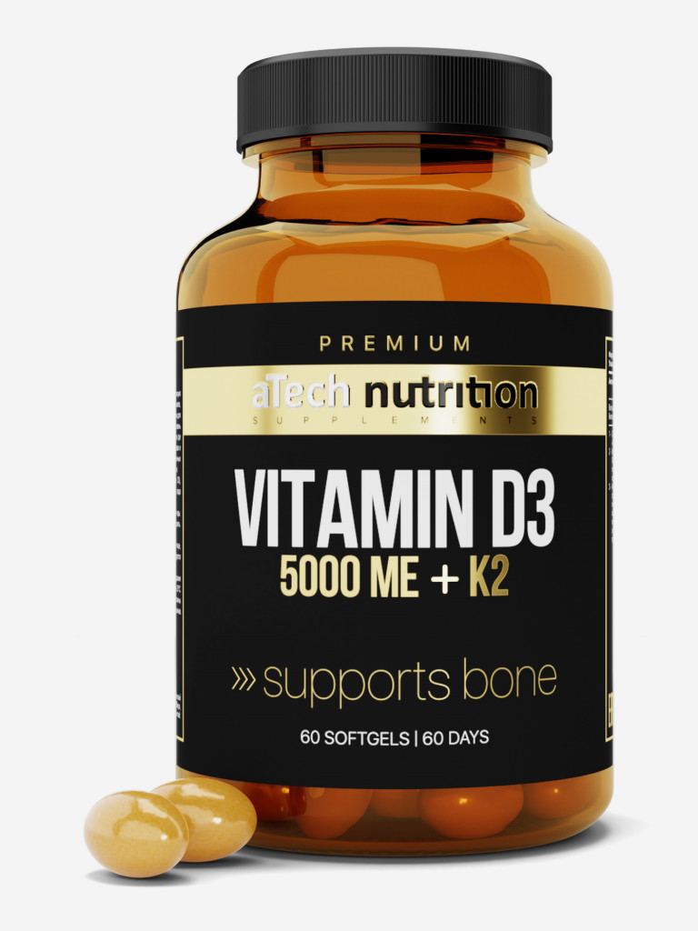 Витамин D3 + K2 5000 МЕ aTech PREMIUM, 60 капсул арт. 4670110180686 черный цвет — купить за 812 ...