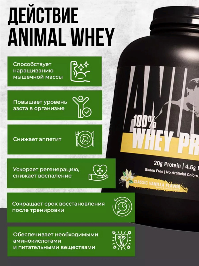 Сывороточный протеин Animal Whey, 60 порций, 1810 г, ваниль светло ...