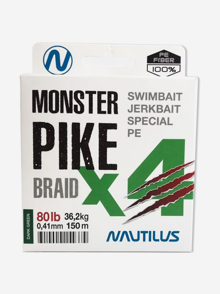 Шнур Nautilus Monster Pike Braid X4 Dark Green d-0.41 36.2кг 80lb 150м ...