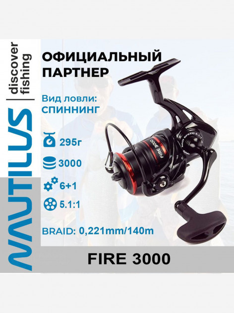 Катушка спиннинговая Nautilus Fire 3000 Черный/красный цвет — купить за 2811 руб. со скидкой 25 ...